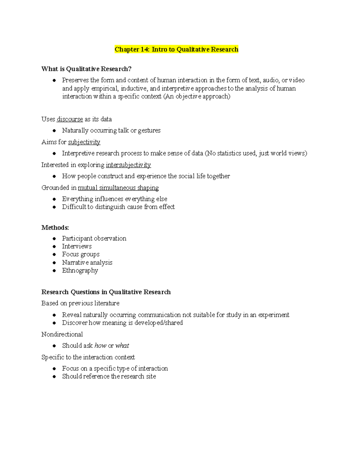 COMM351 Notes Part 3 - Chapter 14: Intro to Qualitative Research What ...