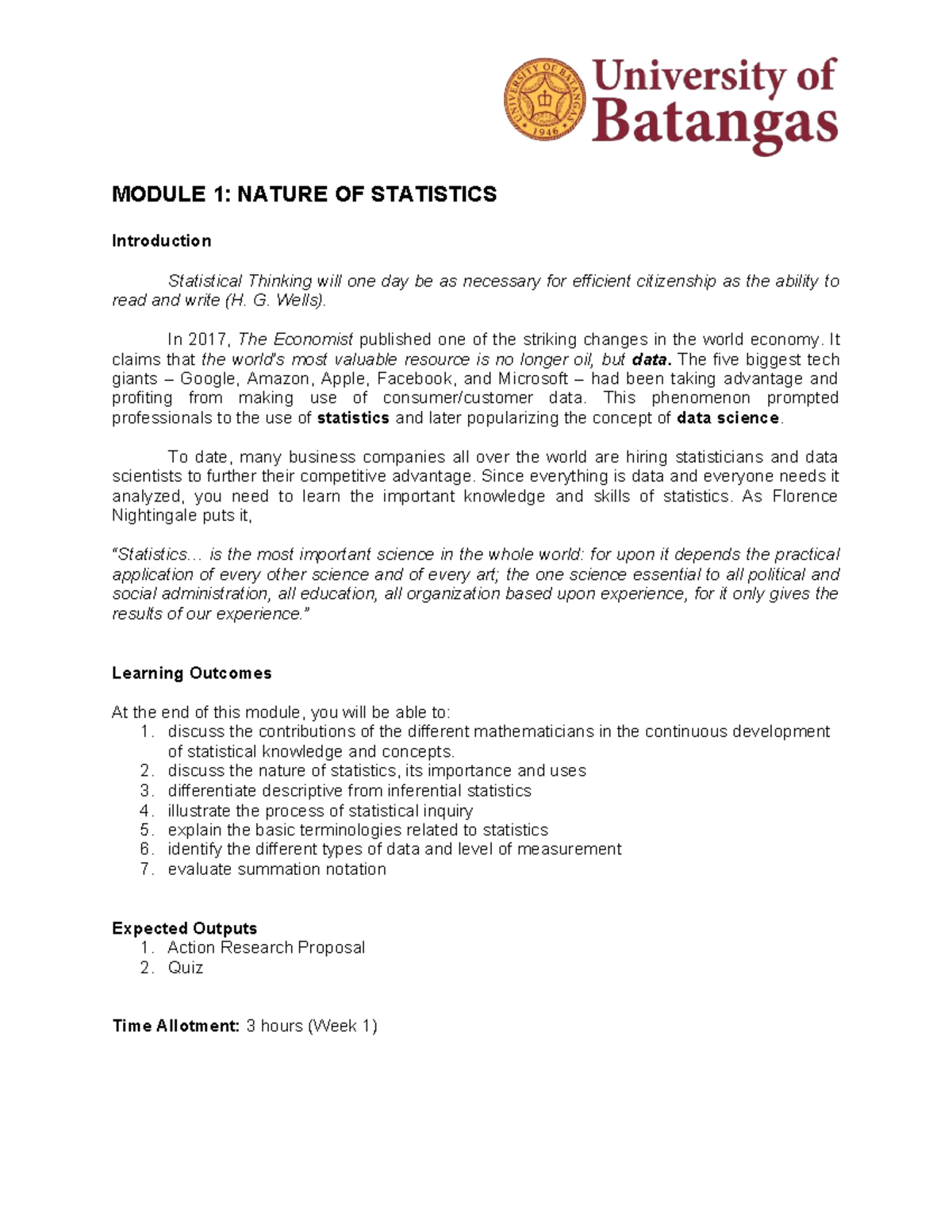 Preliminaries Module 1 Nature of Statistics - MODULE 1: NATURE OF ...