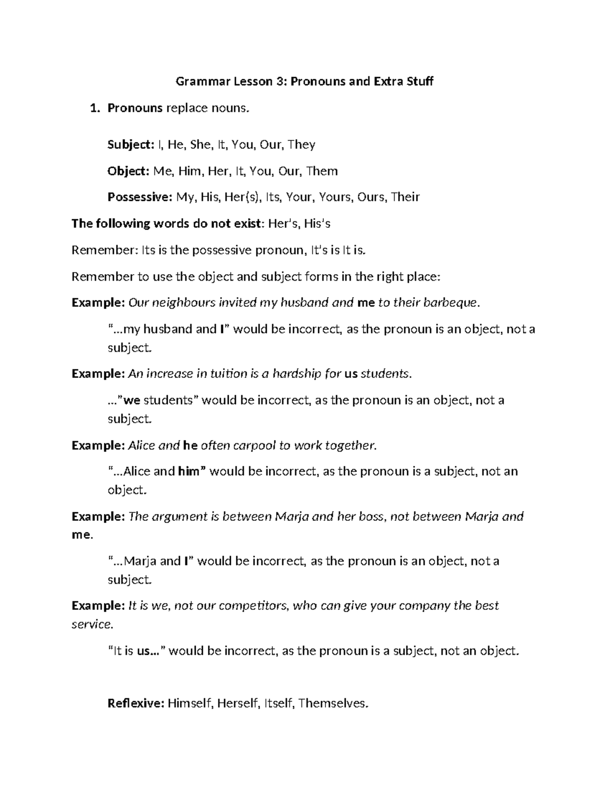 Grammar Lesson Pronouns and Other Stuff - Grammar Lesson 3: Pronouns ...