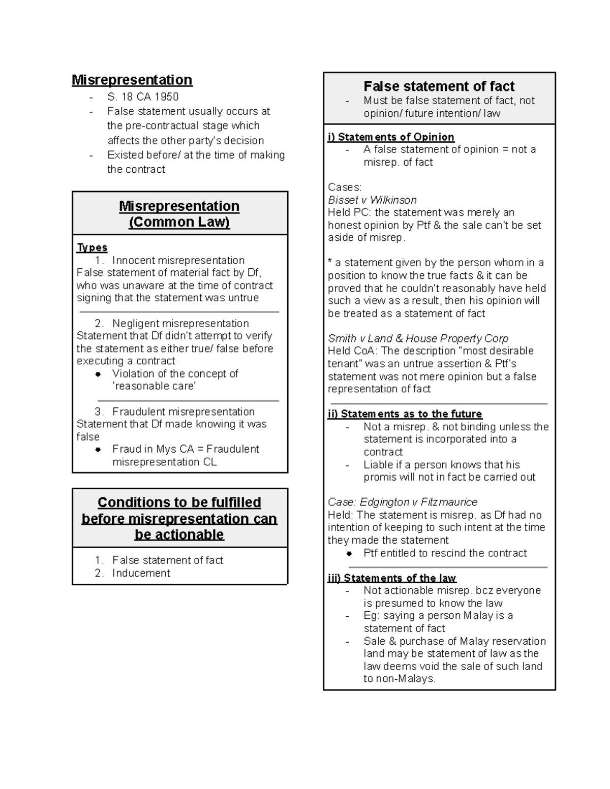 Misrepresentation - Notes on misrepresantation element in contract ...