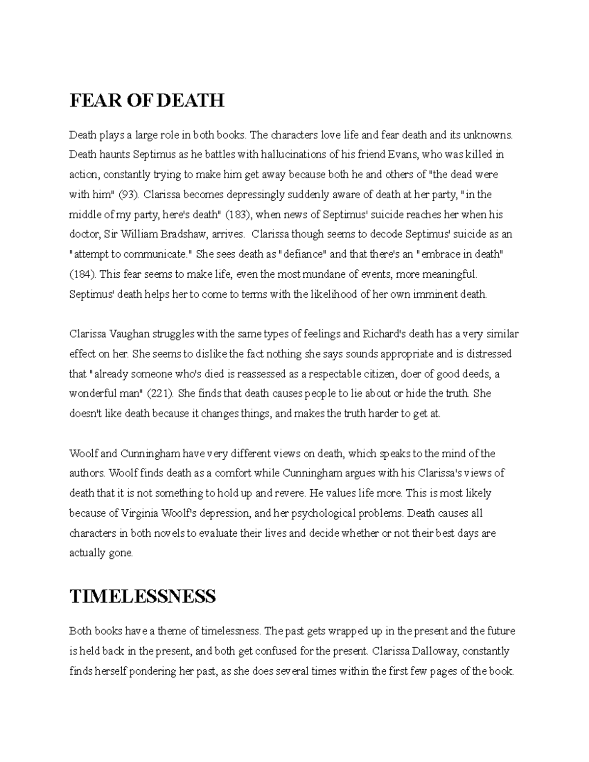 Mrs. Dalloway Themes - FEAR OF DEATH Death plays a large role in both ...