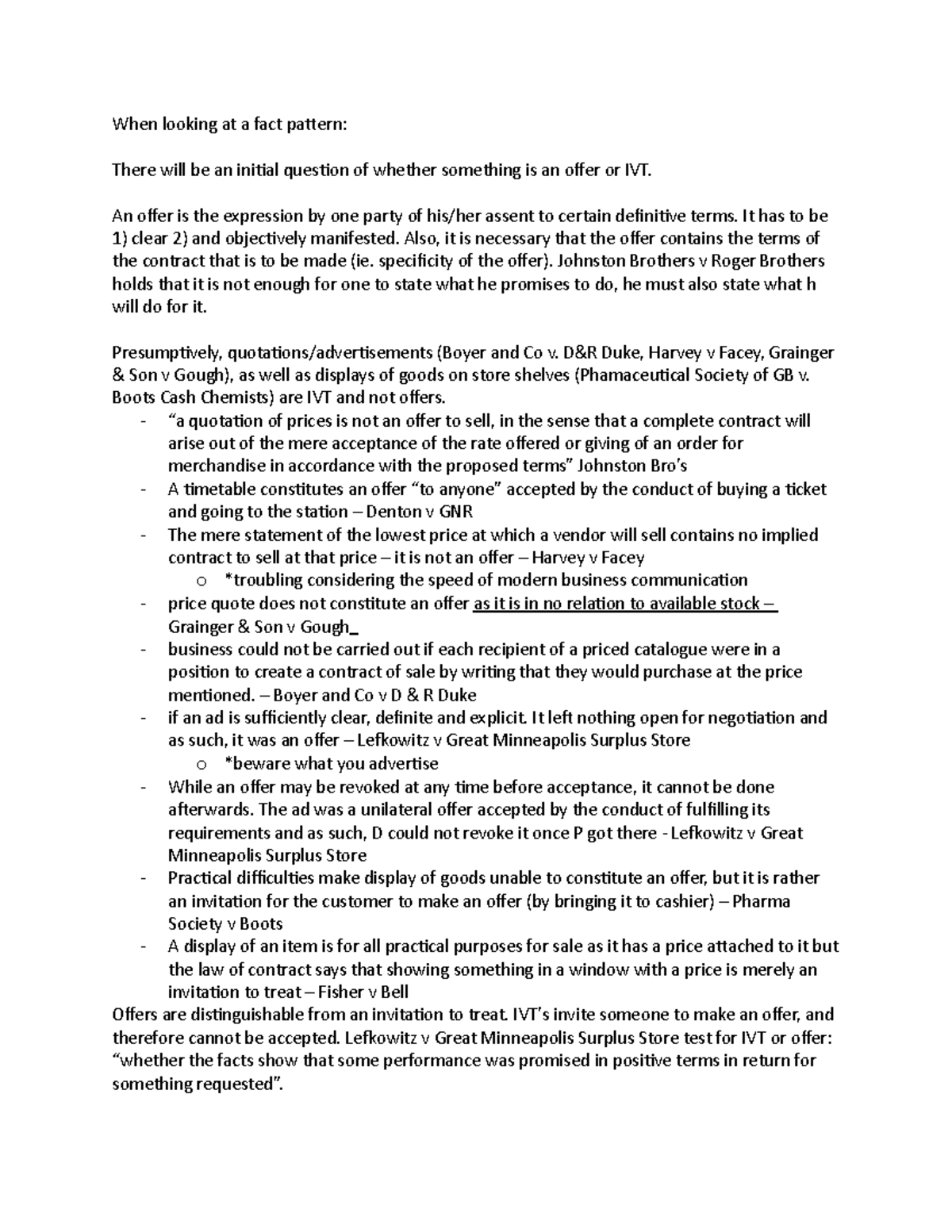 1L Contracts - Short Summary - When looking at a fact pattern: There ...