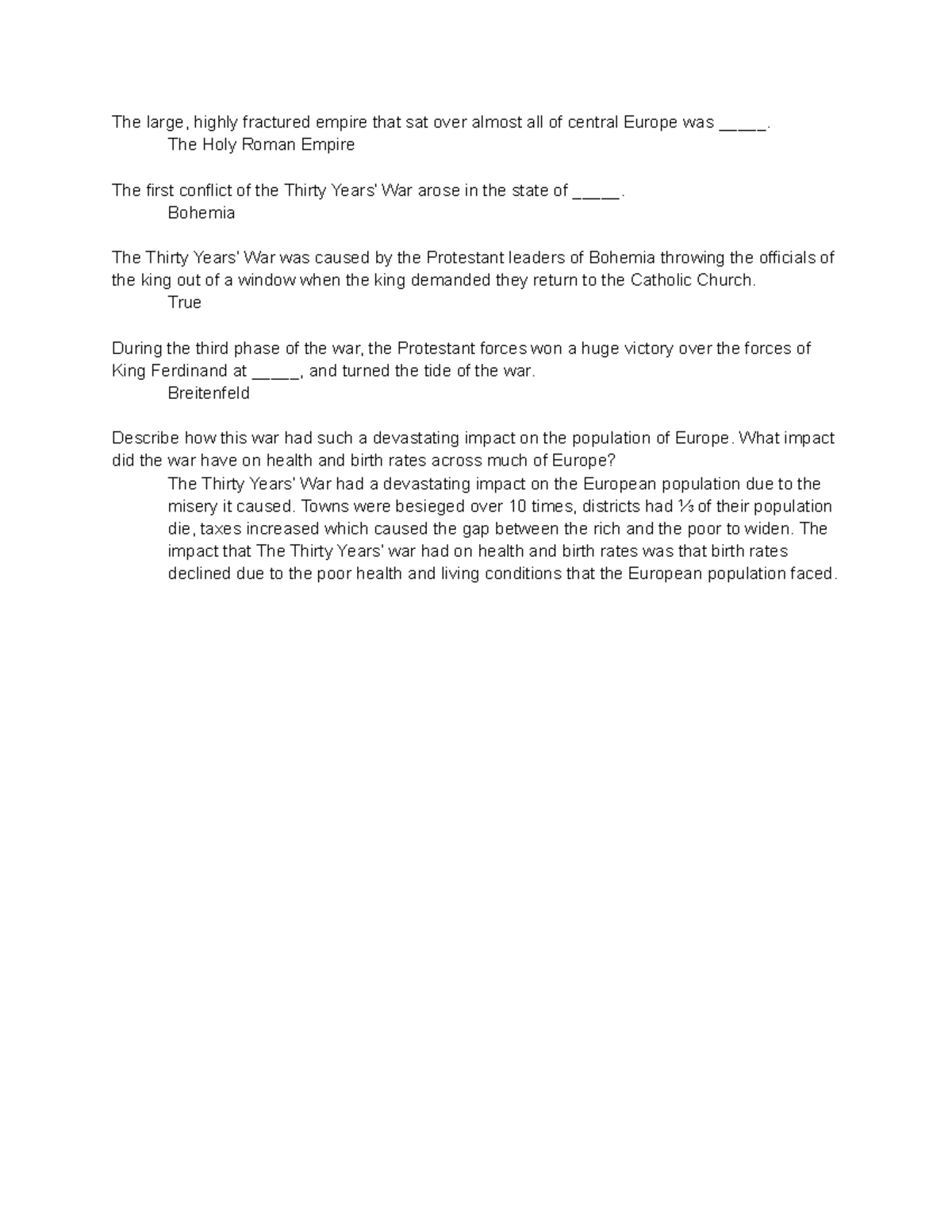 Quiz 2: The Thirty Years' War study guide - The large, highly fractured ...