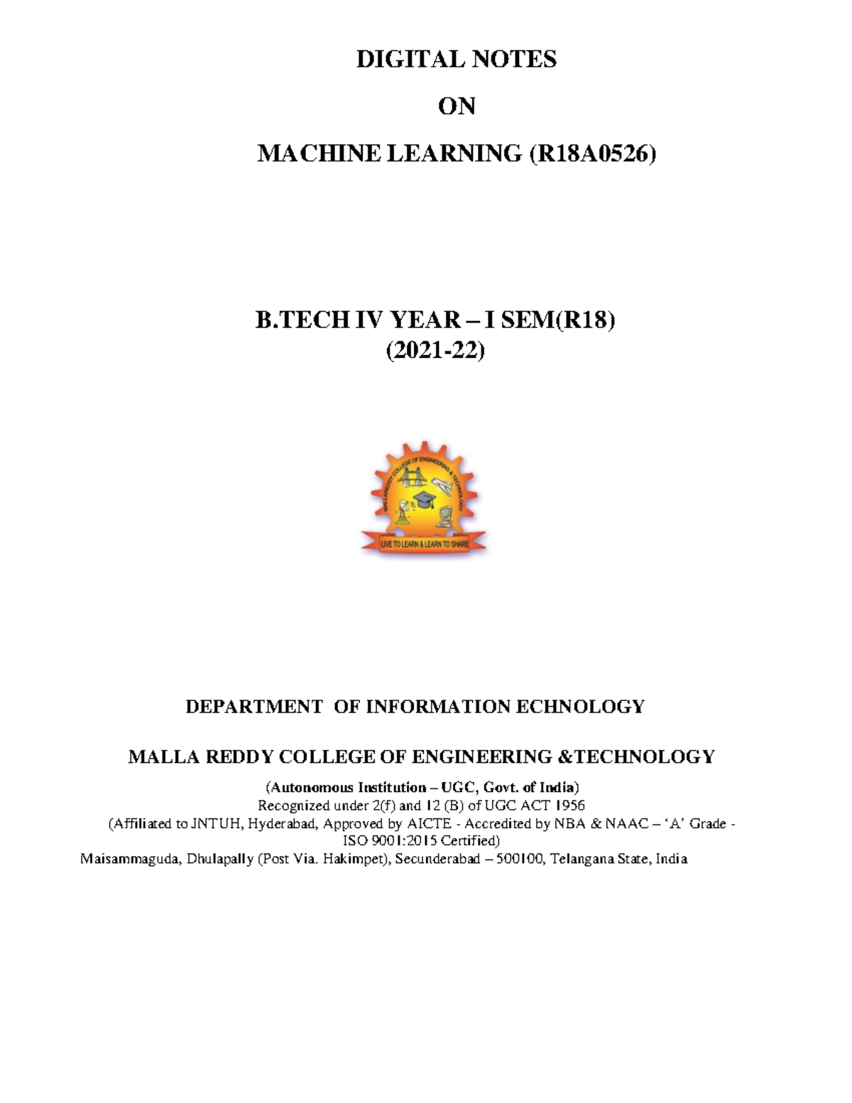 Machine learning digital notes(r18a0526) - DIGITAL NOTES ON MACHINE ...