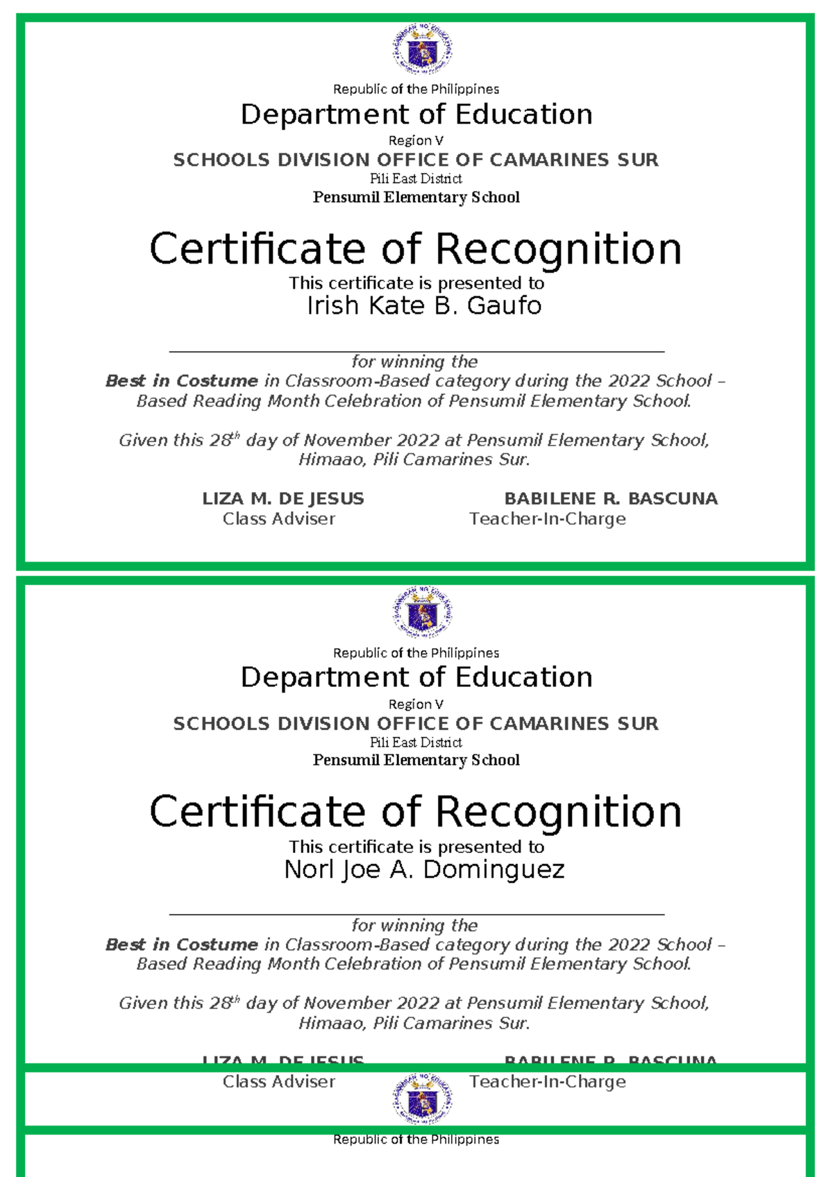 Certificate Reading Month Celeb - Republic of the Philippines ...