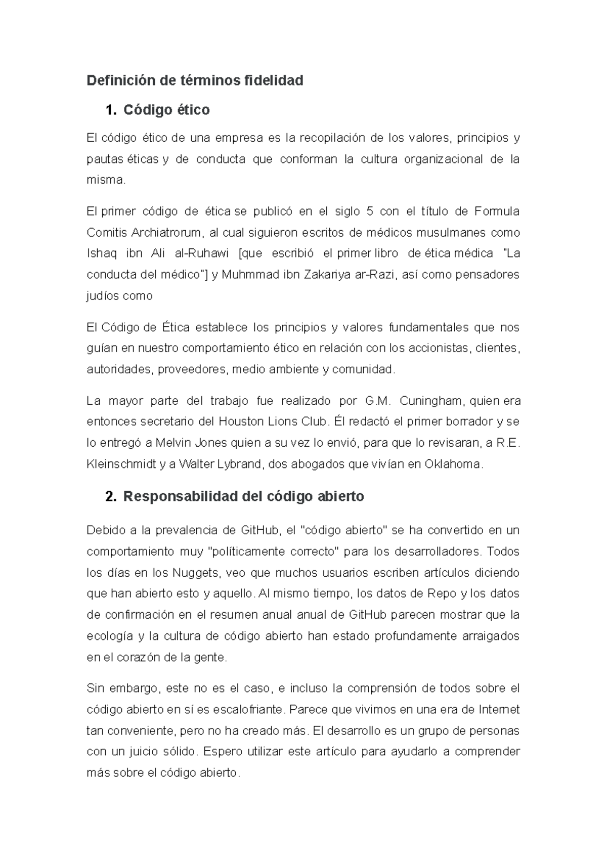 Definición de términos fidelidad - Código ético El código ético de una ...