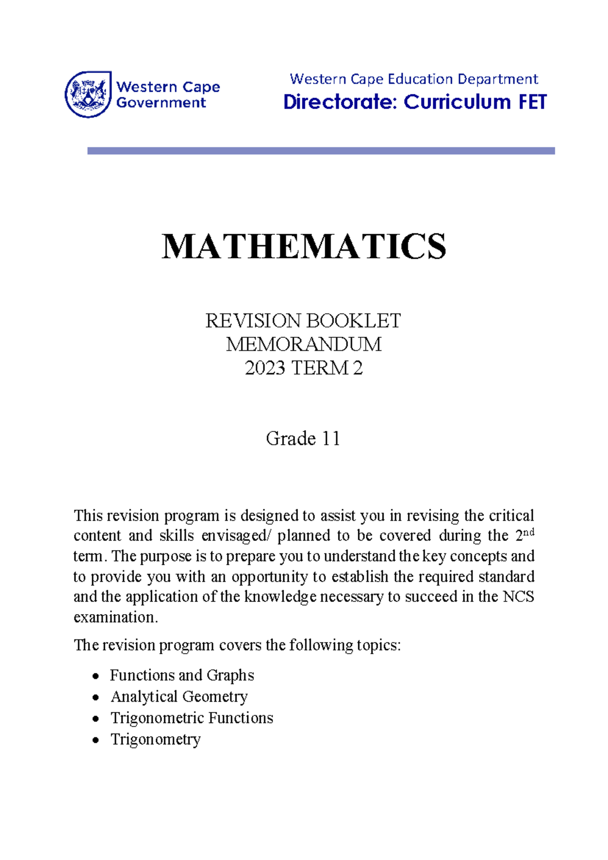 Mathematics Grade 11 Revision Memo Term 2 2023 - MATHEMATICS REVISION ...