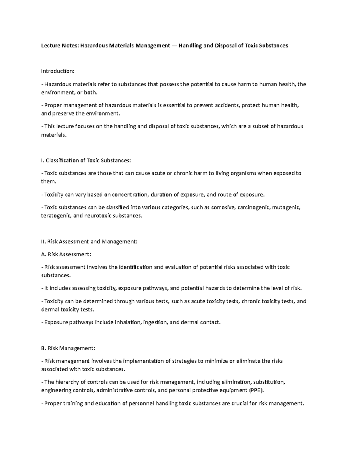 Lecture Notes: Hazardous Materials Management — Handling and Disposal ...