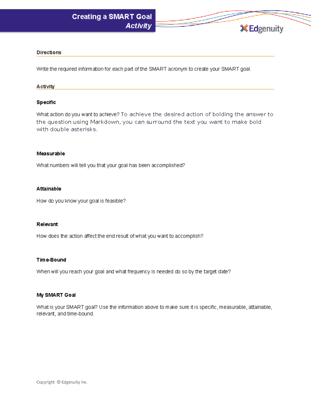 Creating a Smart Goal Activity - Creating a SMART Goal Activity ...