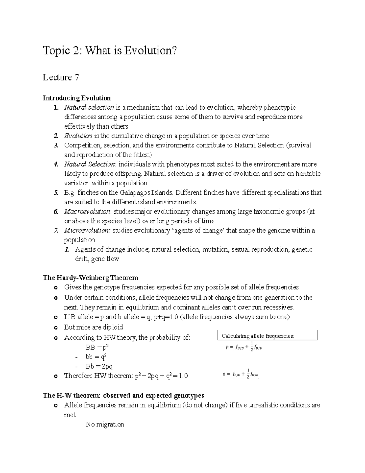 Topic 2 lectures 7-12 - Topic 2: What is Evolution? Lecture 7 ...