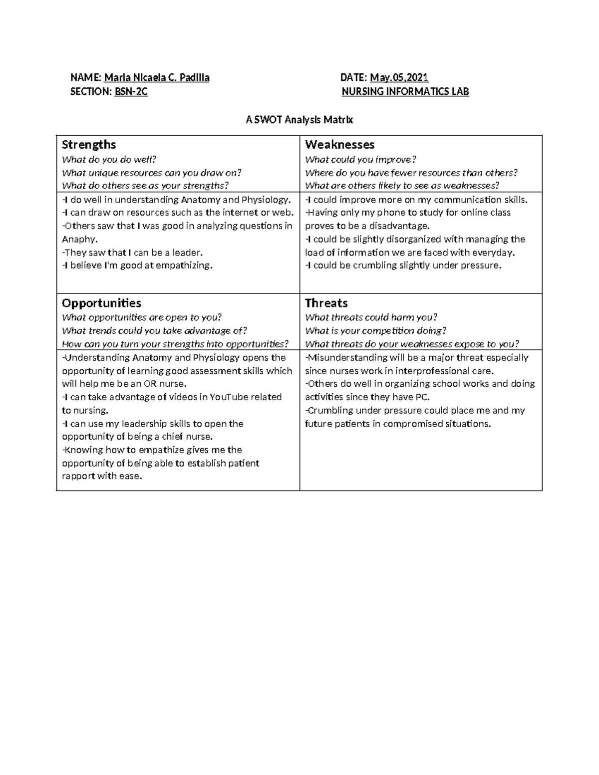 Padilla SWOT-analysis - NAME: Maria Nicaela C. Padilla DATE: May ...