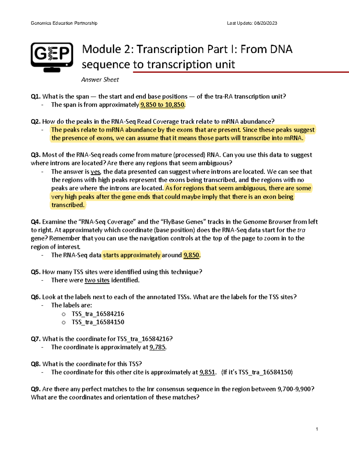 Module 2 Transcription Part I Answer Sheet 1 1 + ADEdit - Genomics ...