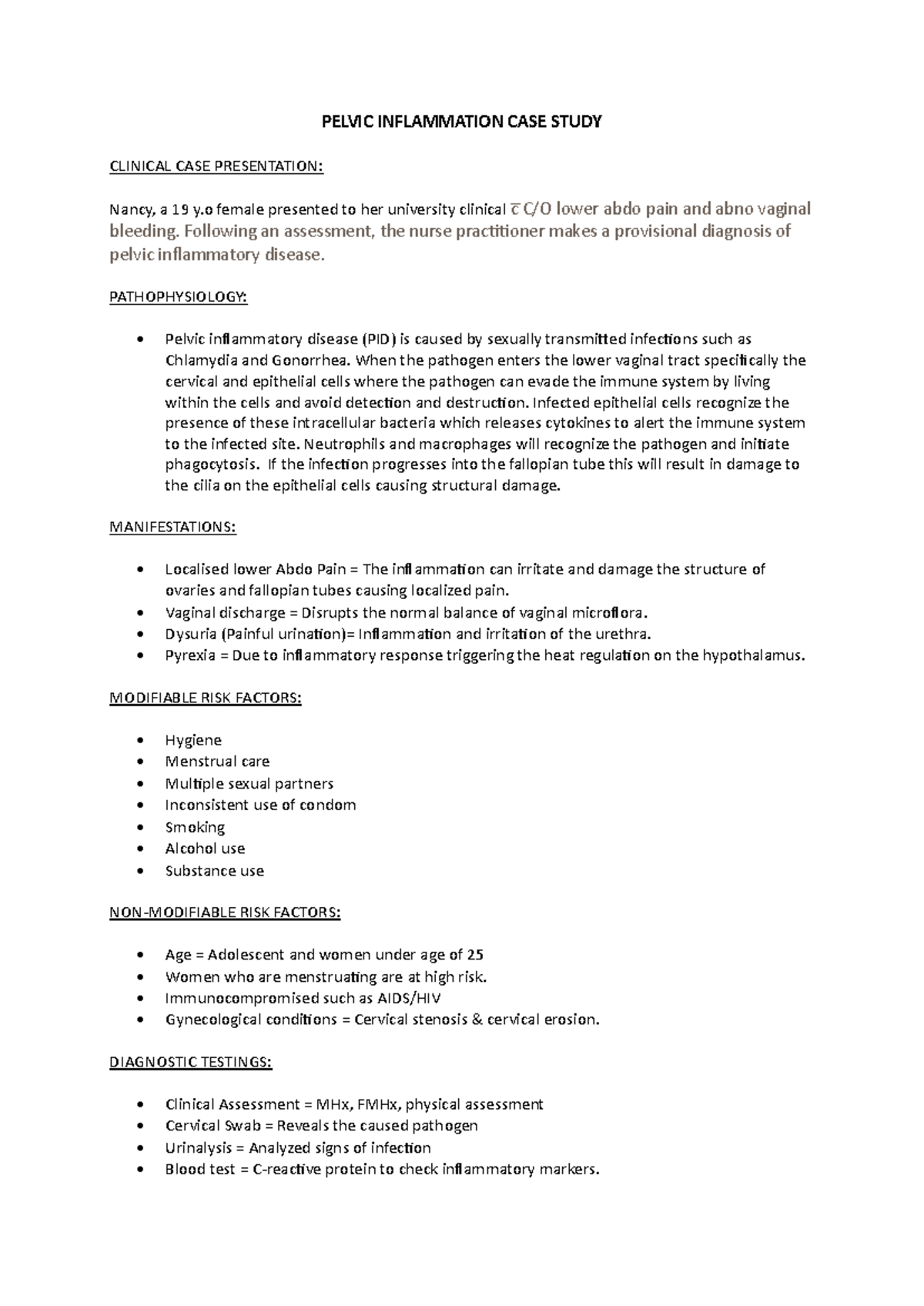 PID Pathology Case Study - PELVIC INFLAMMATION CASE STUDY CLINICAL CASE ...