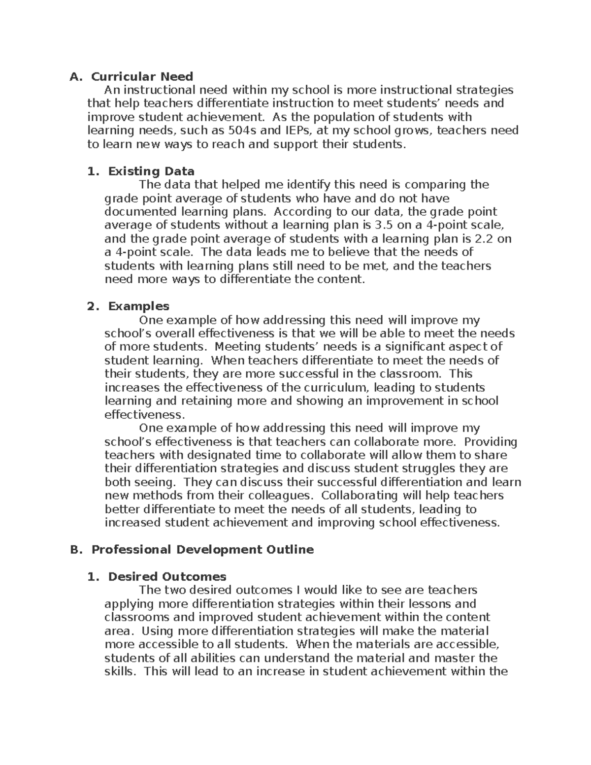 D188 Task 2 - Passed - A. Curricular Need An instructional need within ...