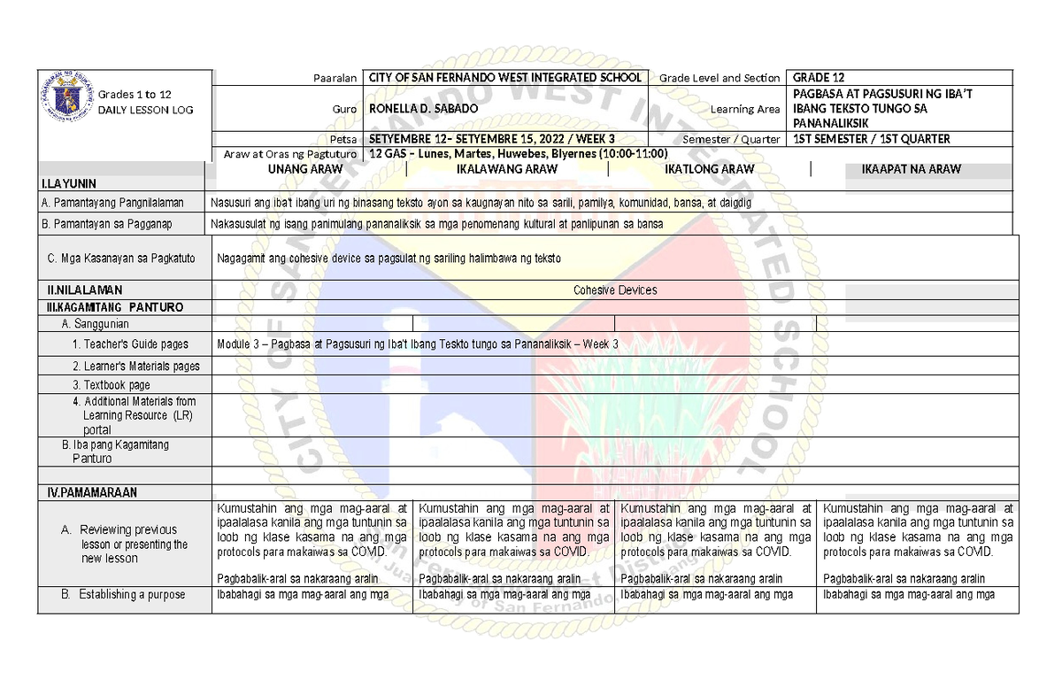 Shs pagbasa dll week 3 - ARAL PAN - Grades 1 to 12 DAILY LESSON LOG ...