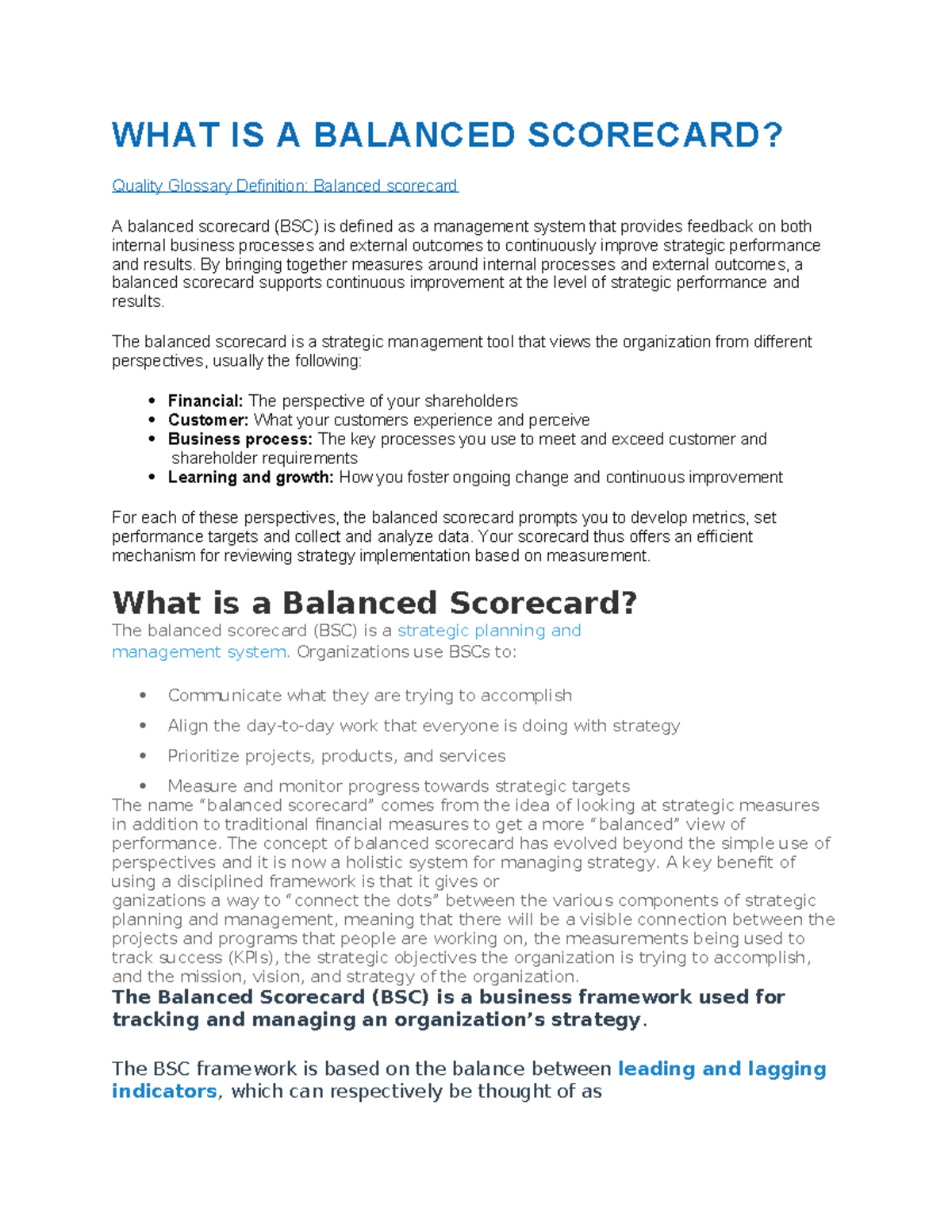 Strategy individual assignment - WHAT IS A BALANCED SCORECARD? Quality ...