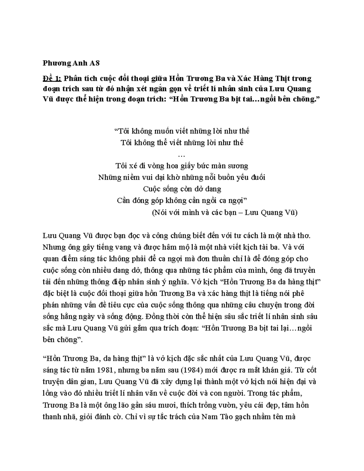 Htbdht Đề 1 - De cuong on tap - Phương Anh A Đề 1: Phân tích cuộc đối thoại giữa Hồn Trương Ba ...