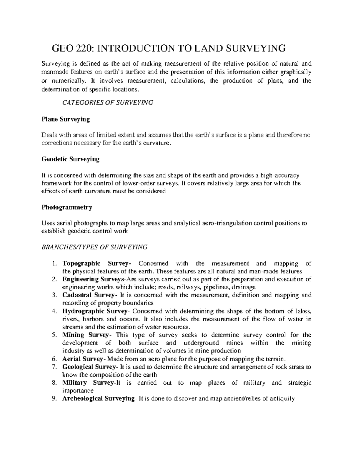 GEOG 220-LAND Surveying -Notes - GEO 220: INTRODUCTION TO LAND ...