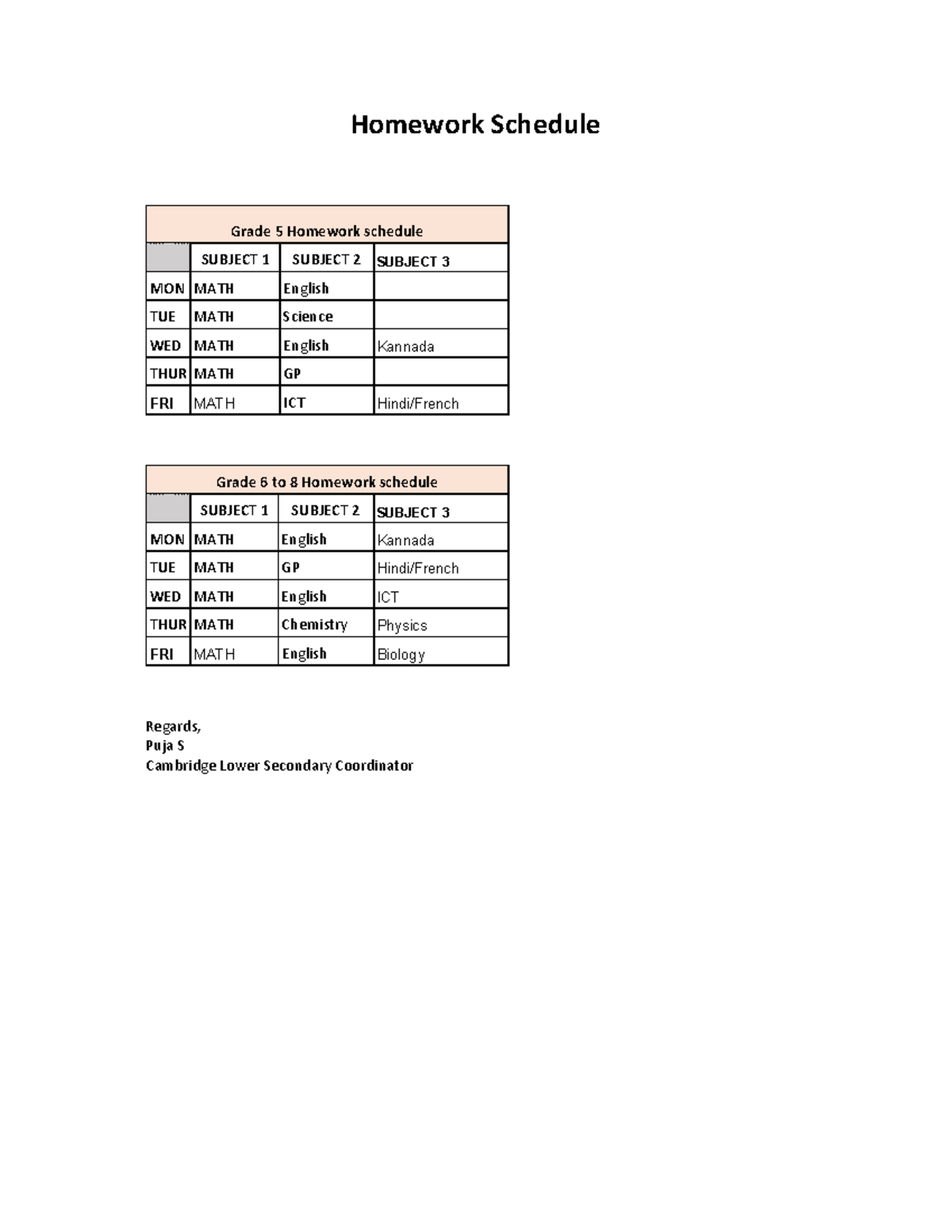 Grades 5-8 Homework Schedule - Homework Schedule Grade 5 Homework ...