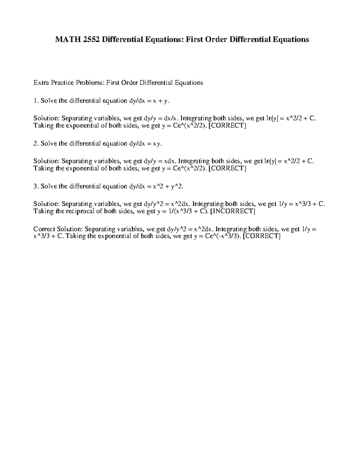 MATH 2552 Differential Equations - First Order Differential Equations ...