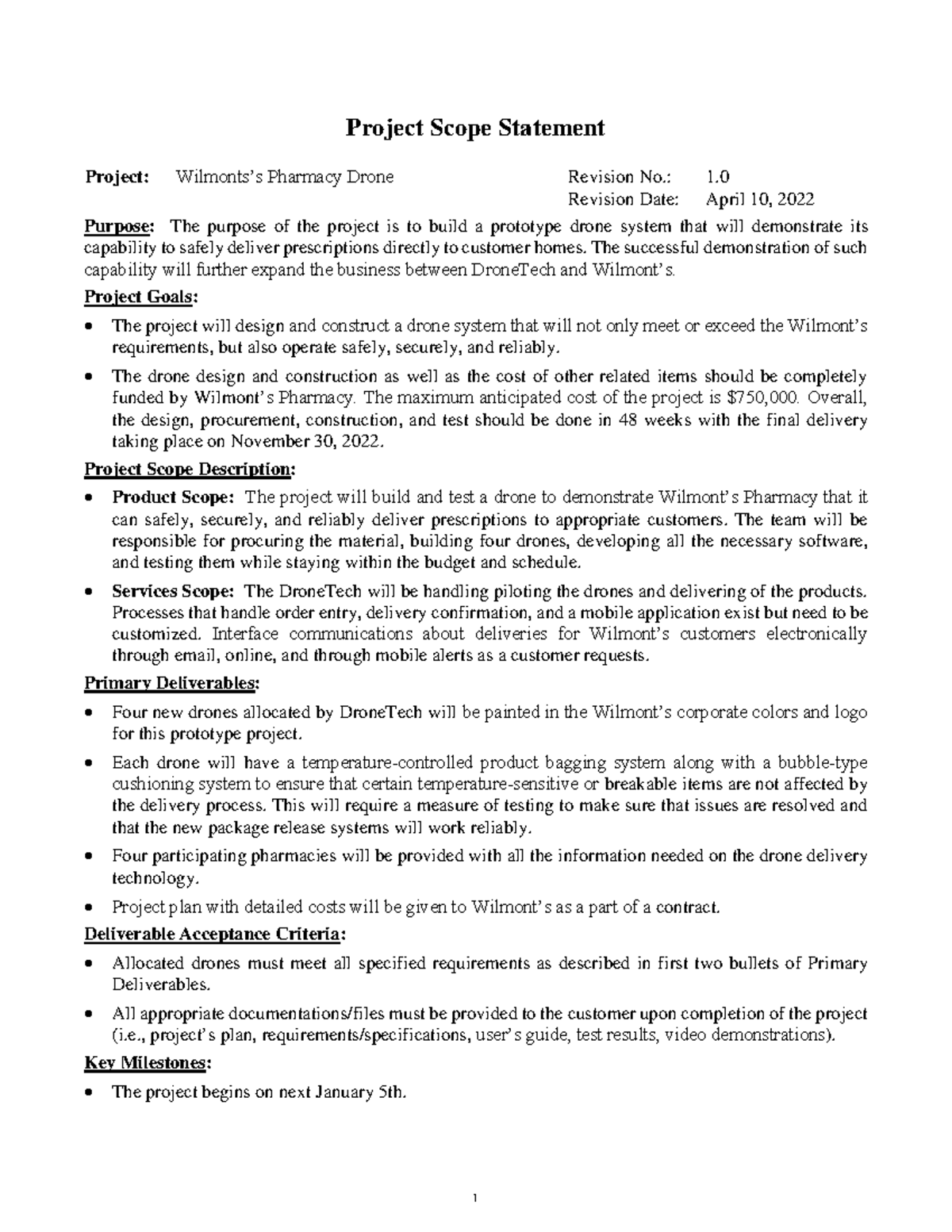 Project Scope Statement - 1 Project Scope Statement Project: Wilmonts’s ...