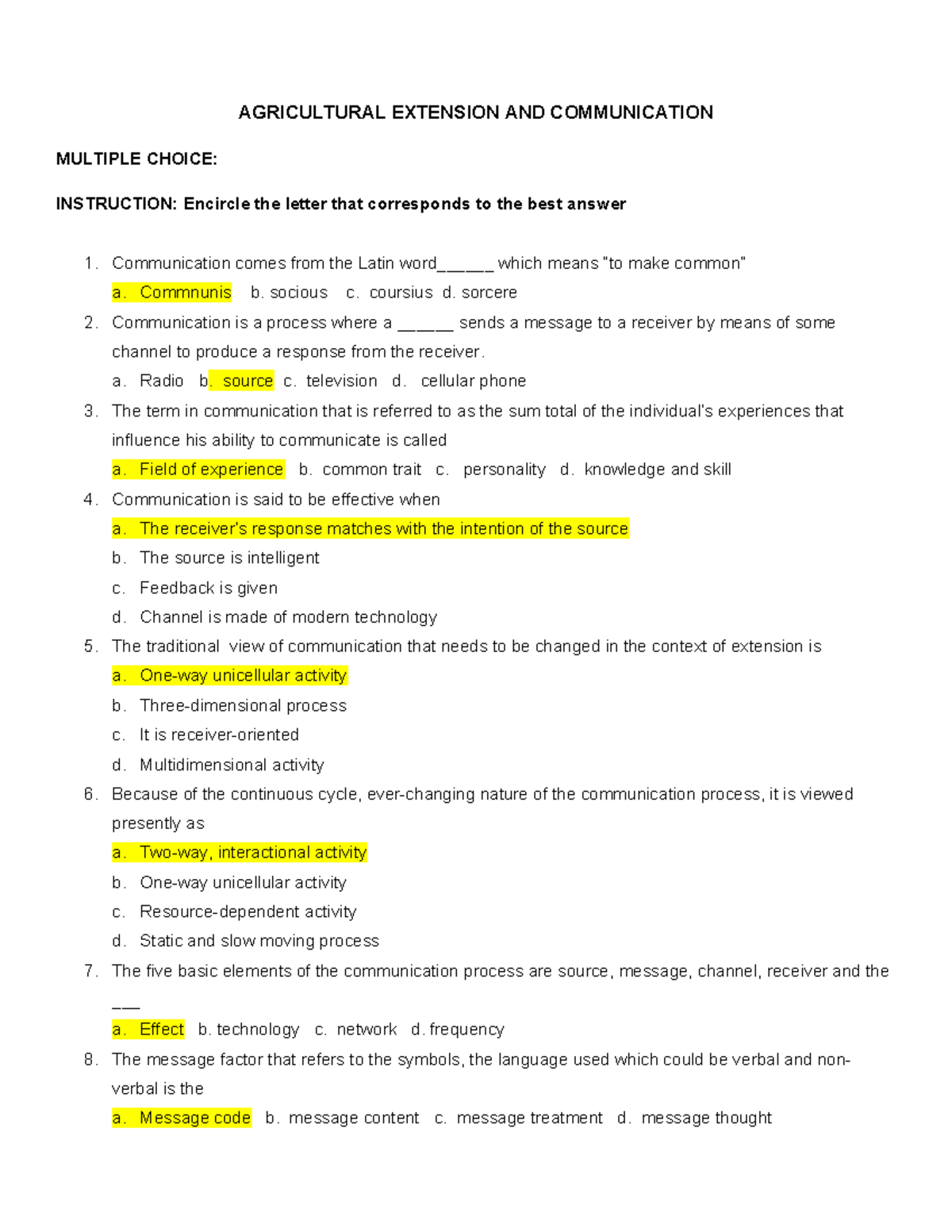 Ag - none - AGRICULTURAL EXTENSION AND COMMUNICATION MULTIPLE CHOICE ...