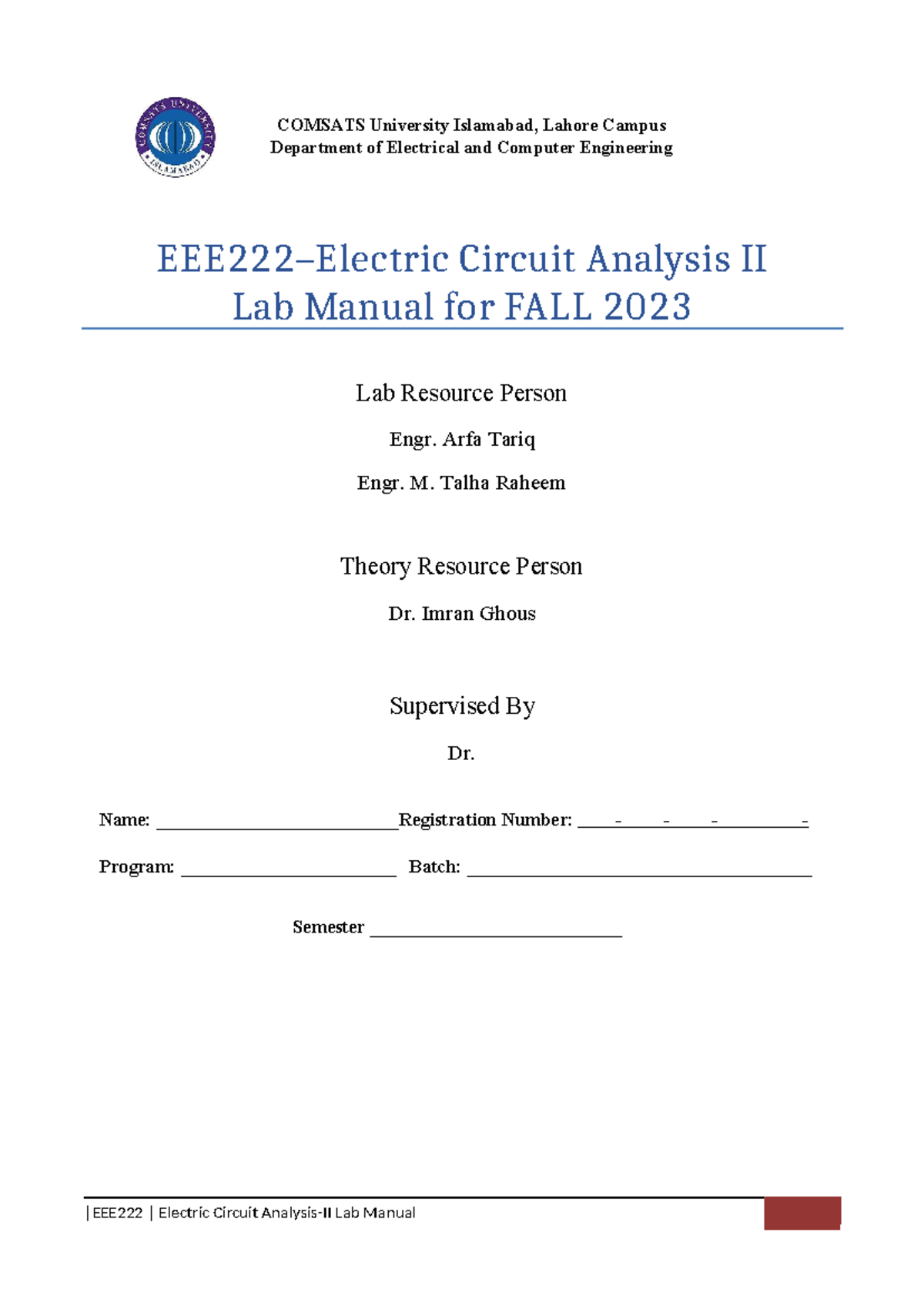 ECA-II Lab Manual FA22-BEE-A&B - COMSATS University Islamabad, Lahore Campus Department of - Studocu