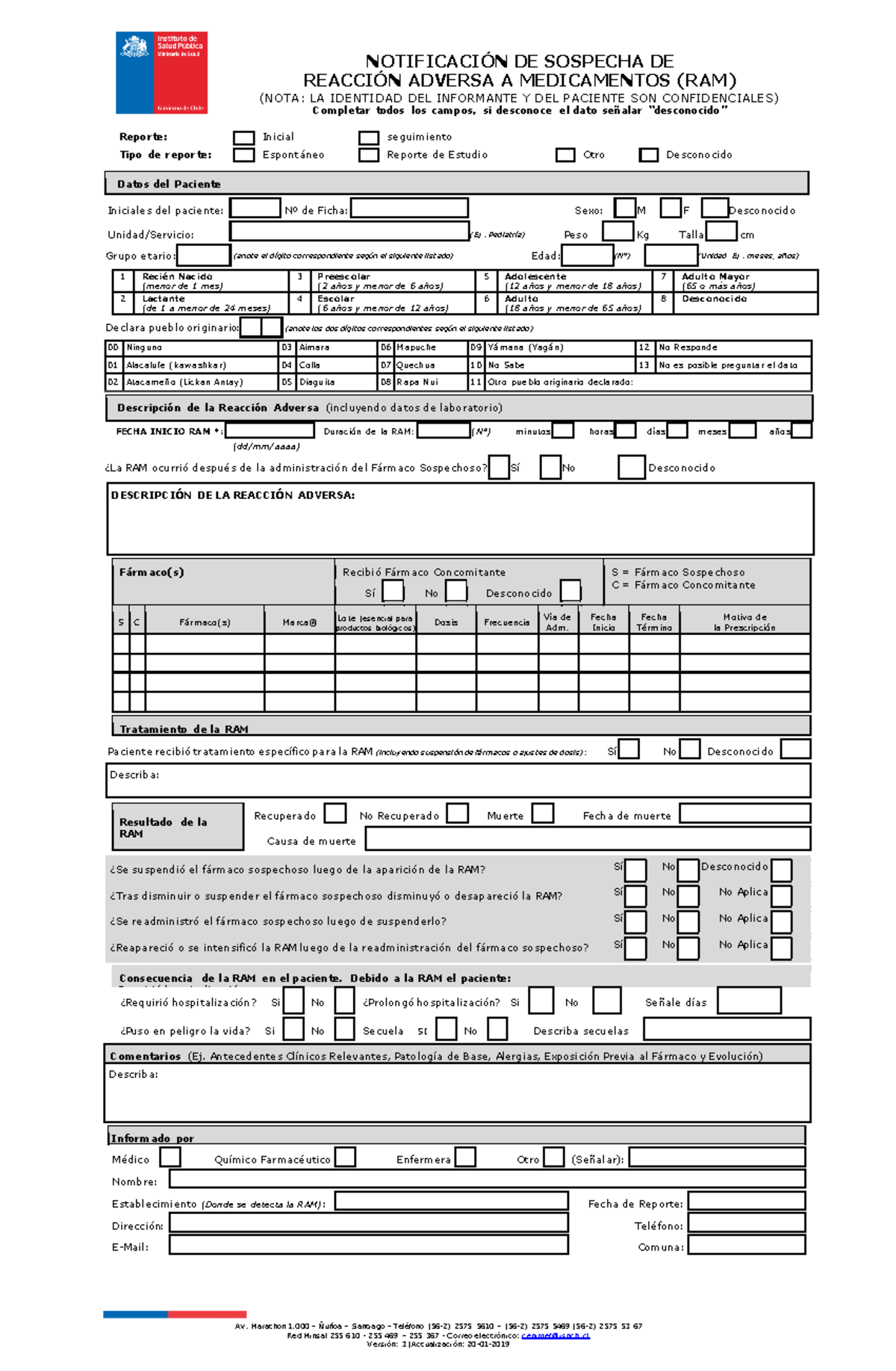Formulario-RAM-V3 - FORMULARIO - NOTIFICACI”N DE SOSPECHA DE REACCI”N ADVERSA A MEDICAMENTOS ...