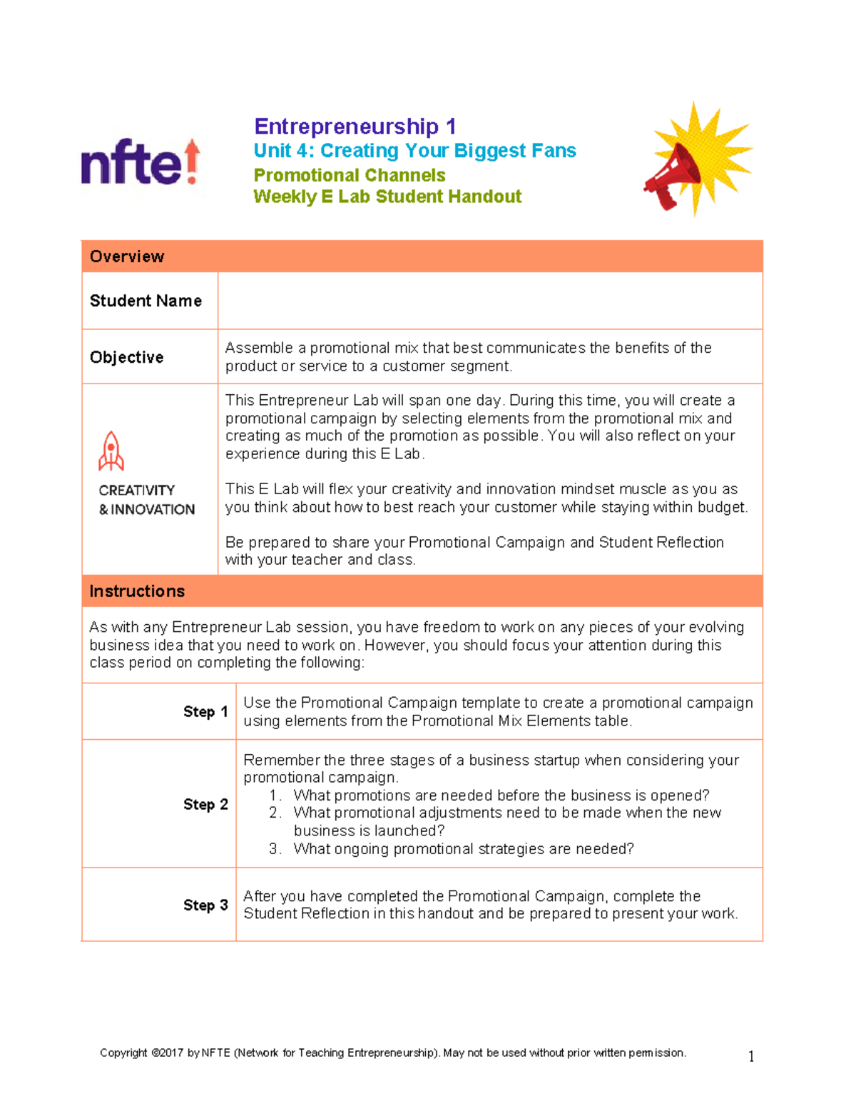 U4 W20 LAB Promotional Campaign Student Handout - Entrepreneurship 1 ...