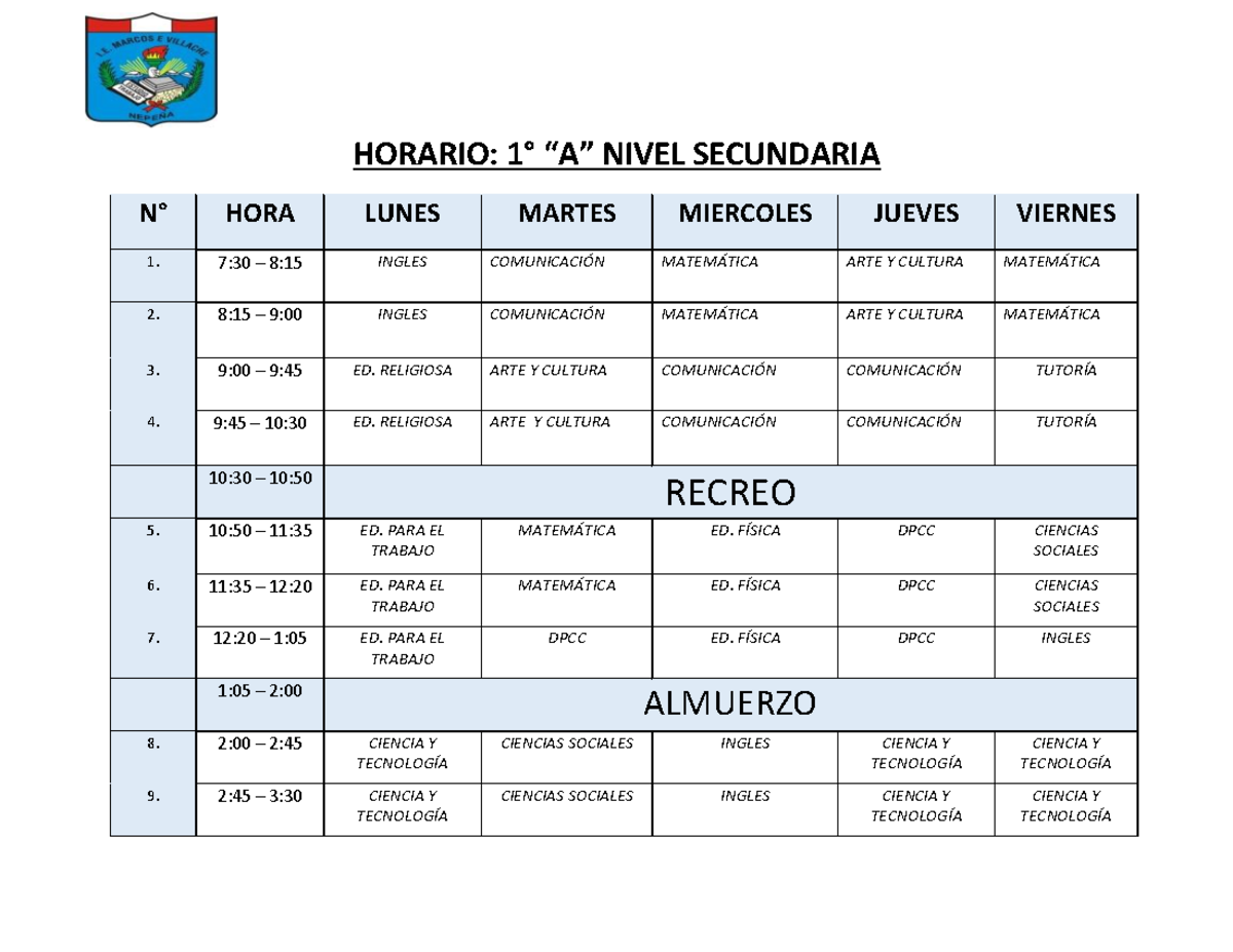Horarios Nivel Secundaria- 2024 claro que si cabron waza - HORARIO: 1 ...