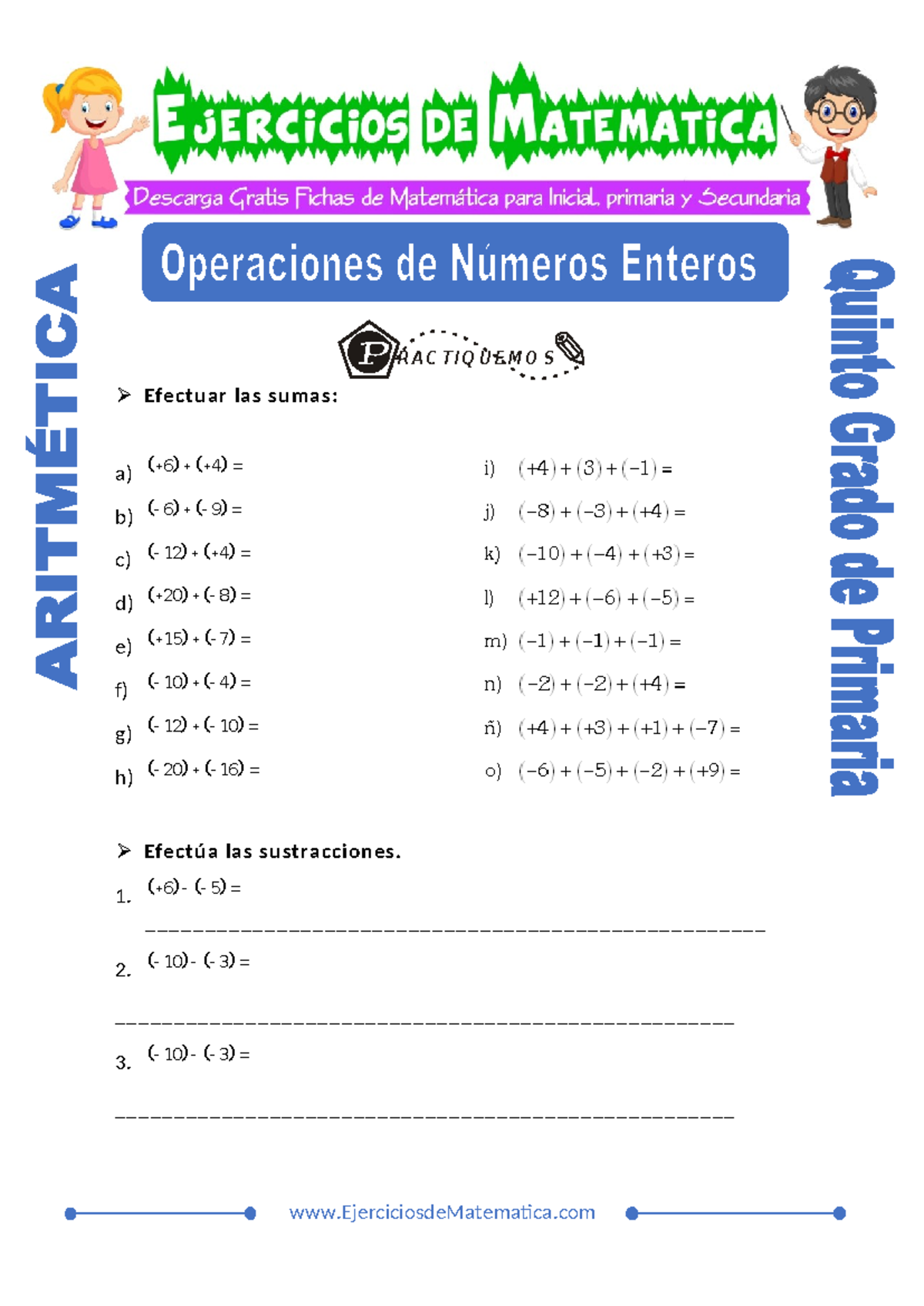 Actividades de Operaciones de Numeros Enteros para Quinto de Primaria ...