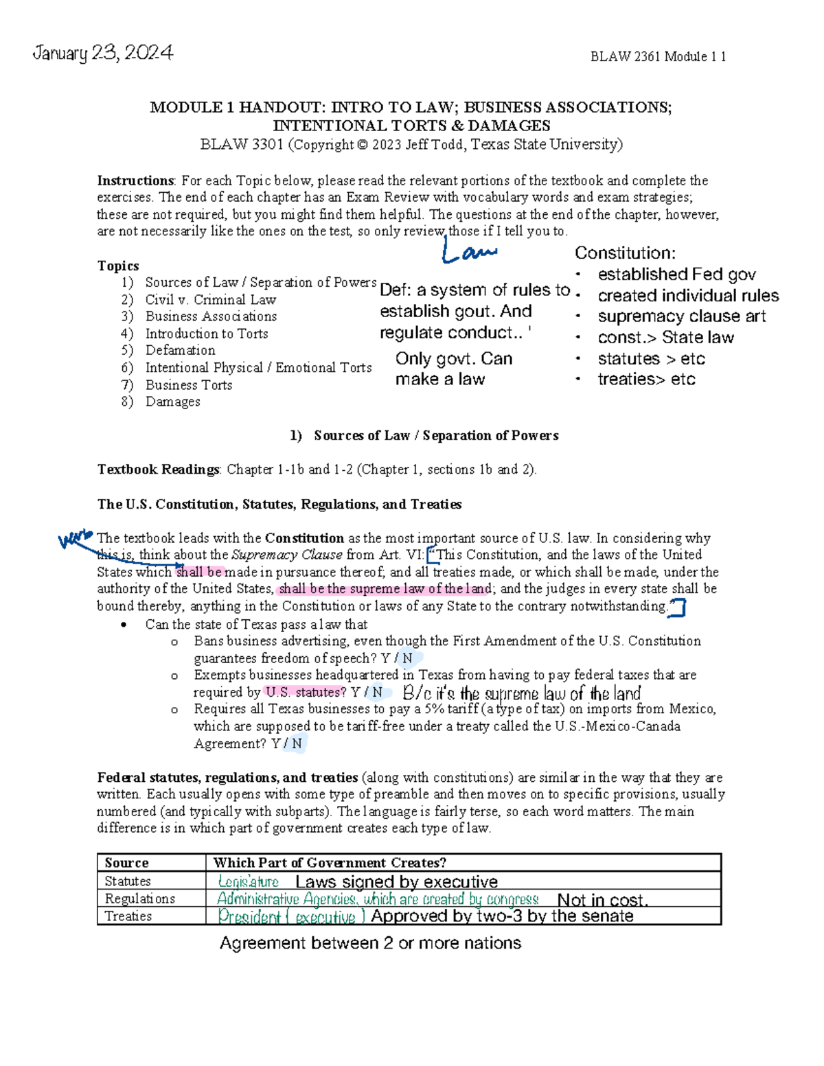 Business law modules - Module 1 - BLAW 2361 Module 1 1 MODULE 1 HANDOUT: INTRO TO LAW; BUSINESS ...