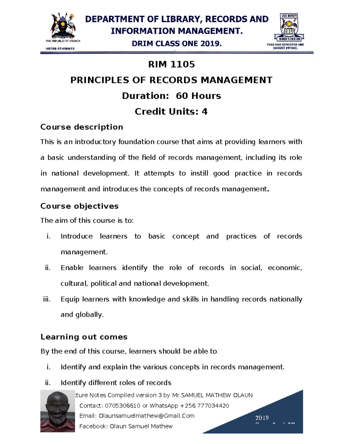 RIM 1105 Principles OF Records Managemen - 2019 Page 1 of 48 RIM 1105 ...