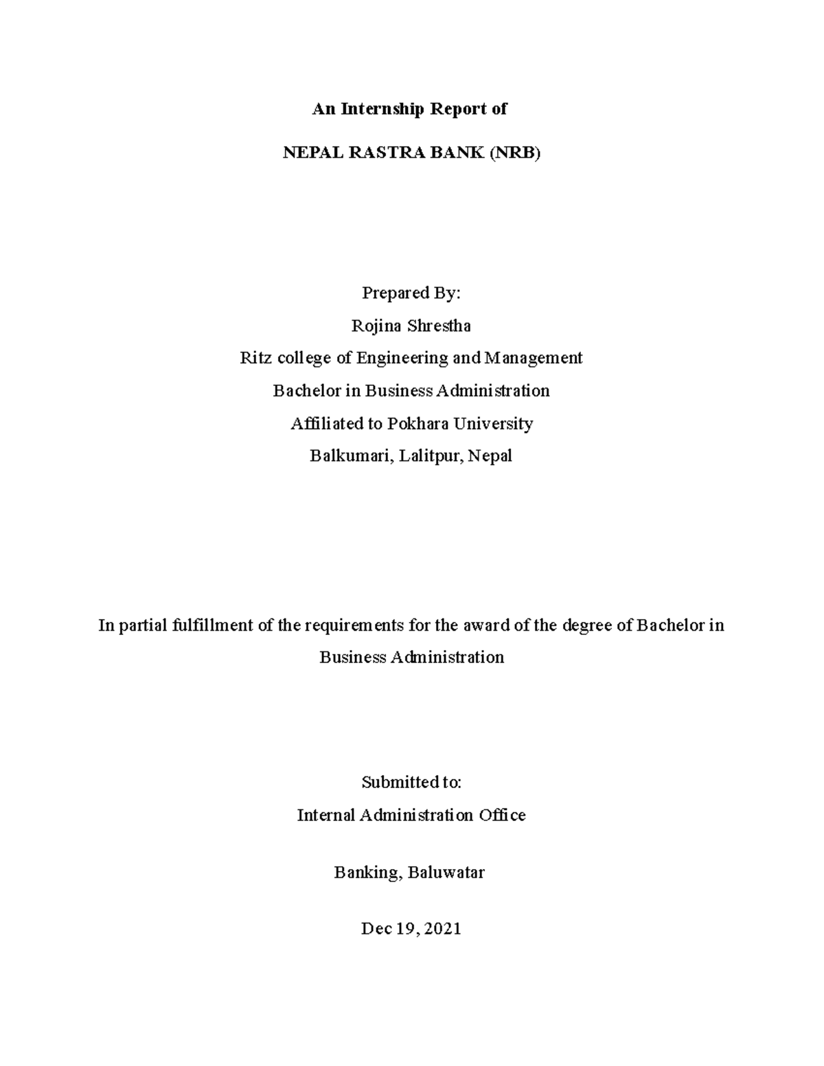 Rojina Shrestha internship repot - An Internship Report of NEPAL RASTRA ...