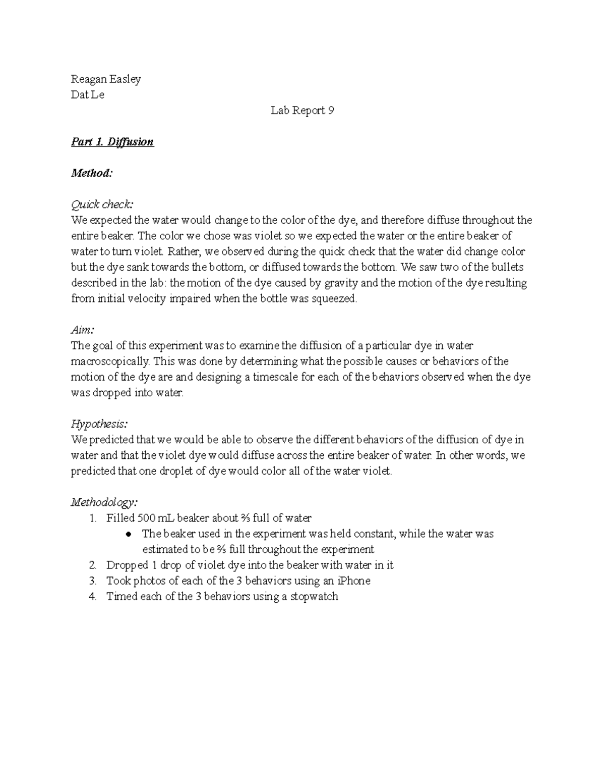 Physics lab 9 - Reagan Easley Dat Le Lab Report 9 Part 1. Diffusion ...