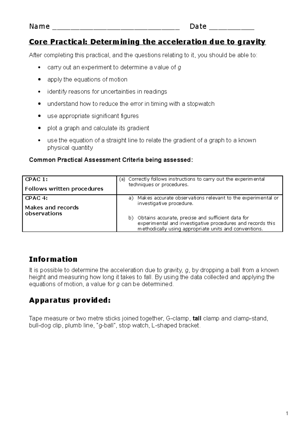 Acceleration due to Gravity Worksheet - Name ...