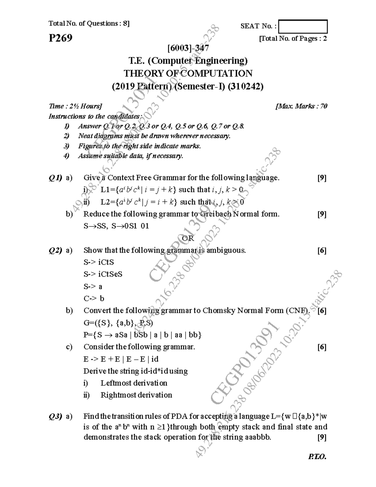 Toc question paper - toc - Total No. of Questions : 8] [6003]- T ...