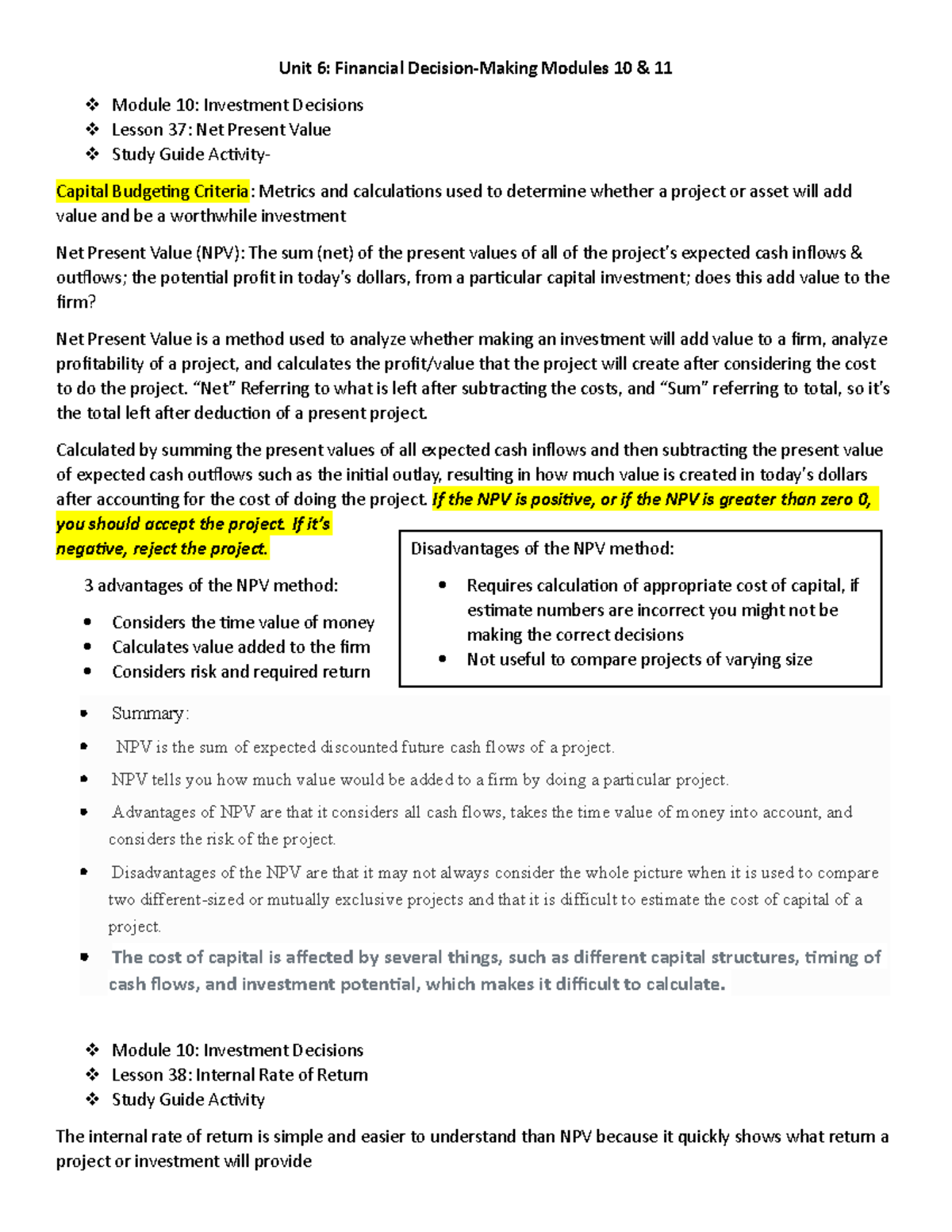 D076 Unit 6 - Unit 6 D076 Notes - Unit 6: Financial Decision-Making ...