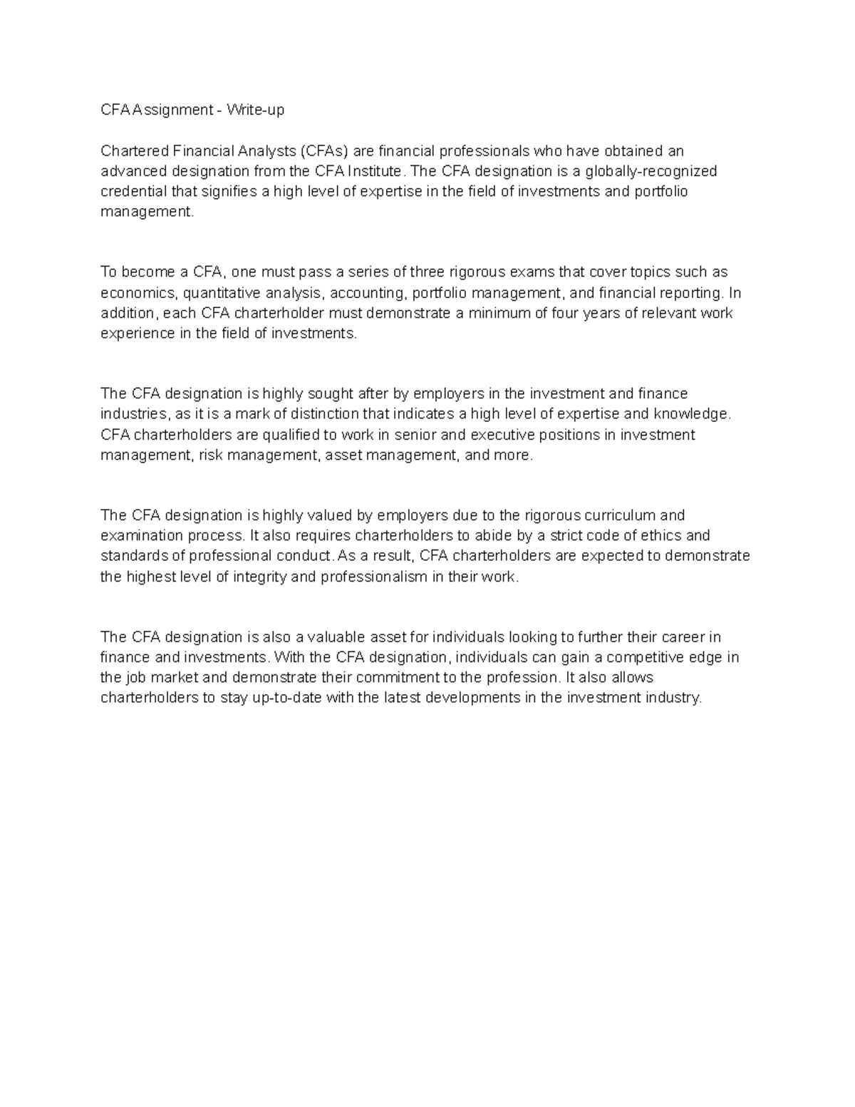 CFA assignment - Charted Financial Analyst - CFA Assignment - Write-up Chartered Financial ...