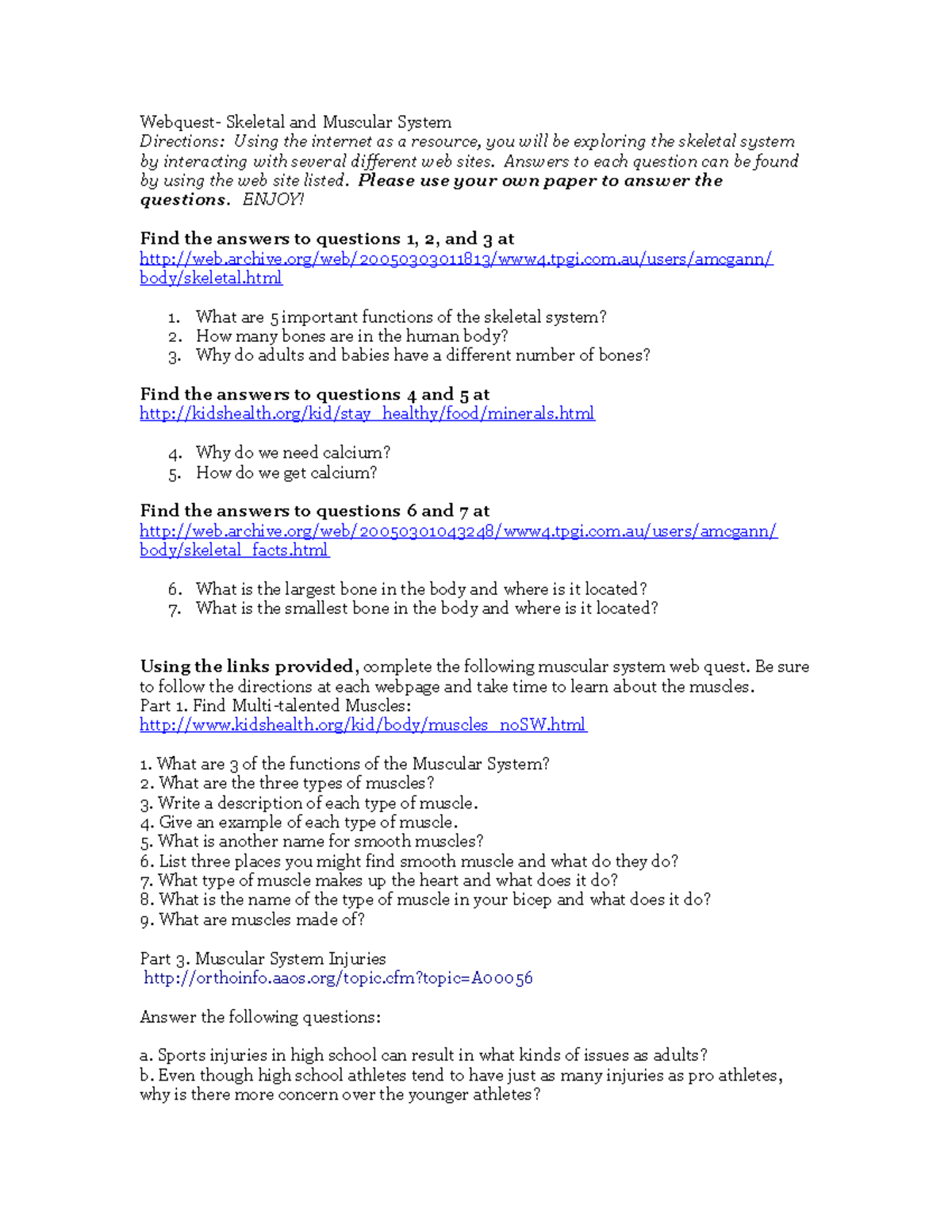 Musculoskeletal webquest - Webquest- Skeletal and Muscular System ...
