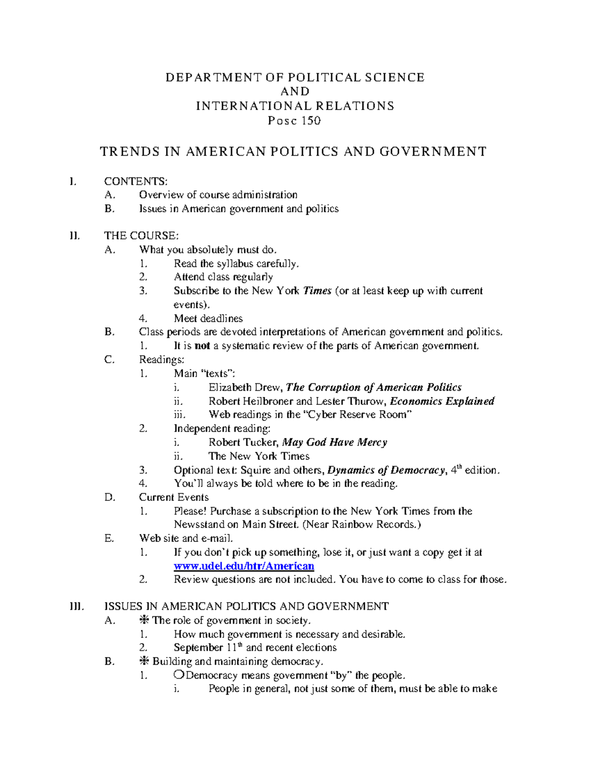 Class 1 political science - D EP ARTM EN T OF P OLITICAL S CIEN CE AN D ...