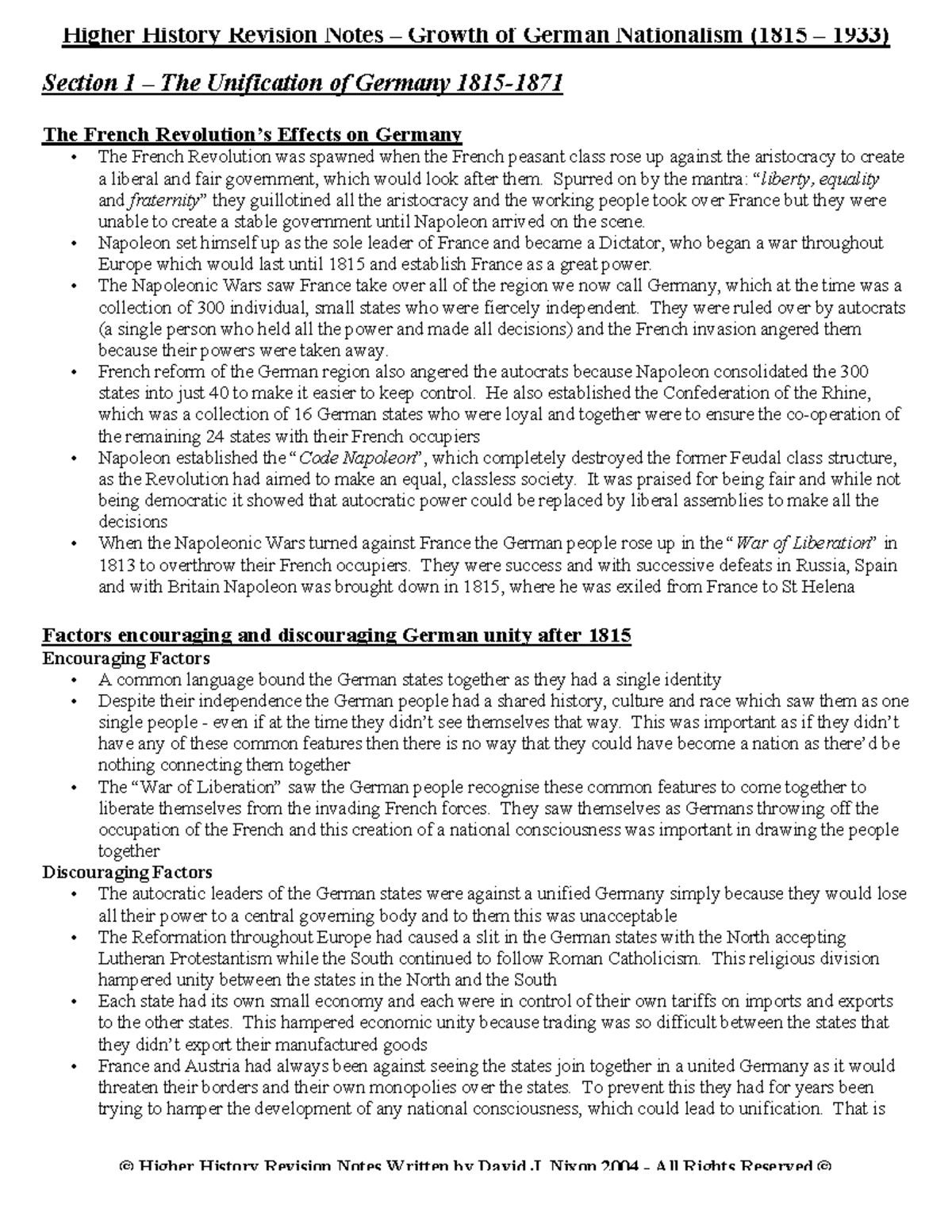 Notes Germany - Section 1 – The Unification of Germany 1815- The French ...