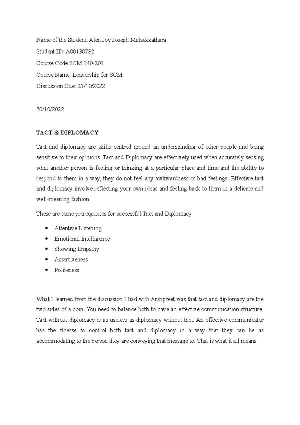 Leadership for SCM Discussion - Name of the Student: Alen Joy Joseph ...