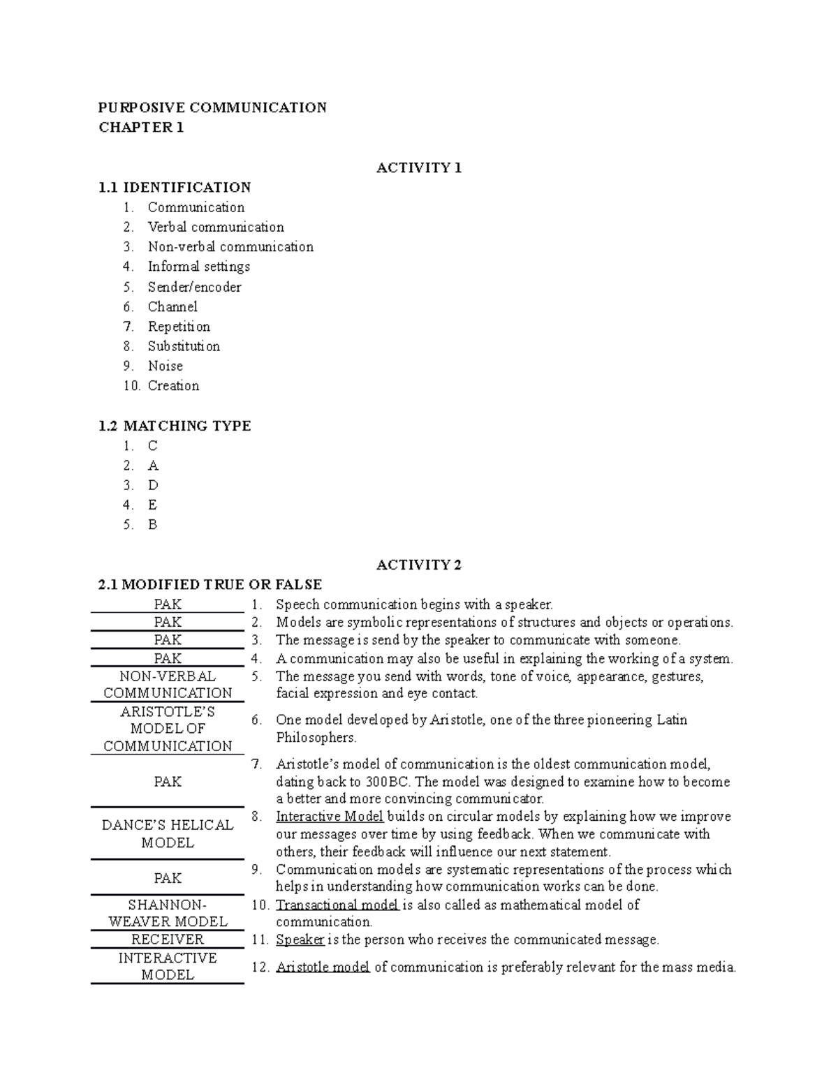 Purposive COMM Chapter 1 Activities PURPOSIVE COMMUNICATION