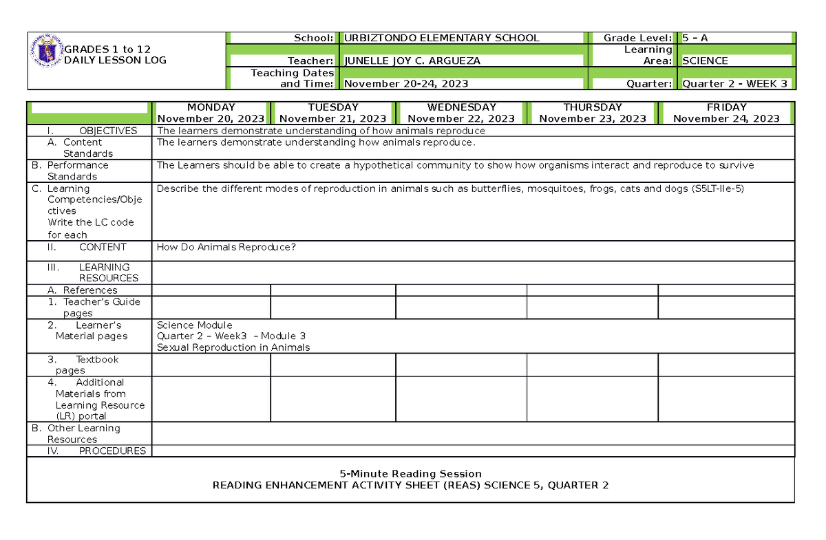 DLL Science-5 Q2 W3 - notes - GRADES 1 to 12 DAILY LESSON LOG School ...