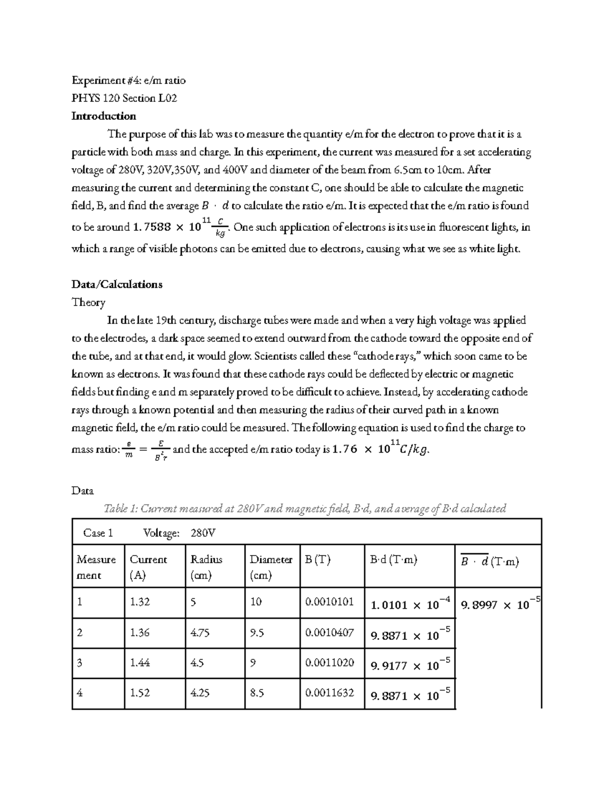 Experiment #4: e:m ratio. pdf - Experiment #4: e/m ratio PHYS 120 ...