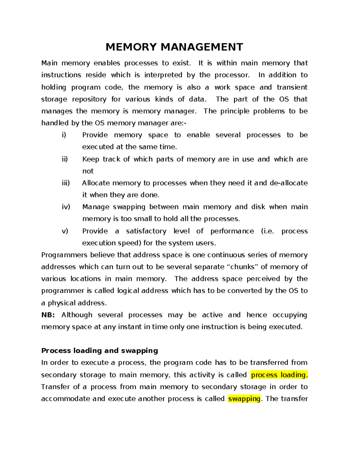 WEEK 8 Memory Management - MEMORY MANAGEMENT Main memory enables ...
