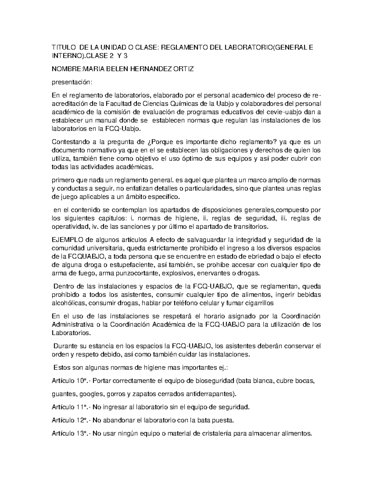 Clase 2 y 3 reglamento de laboratorio - TITULO DE LA UNIDAD O CLASE: REGLAMENTO DEL - Studocu