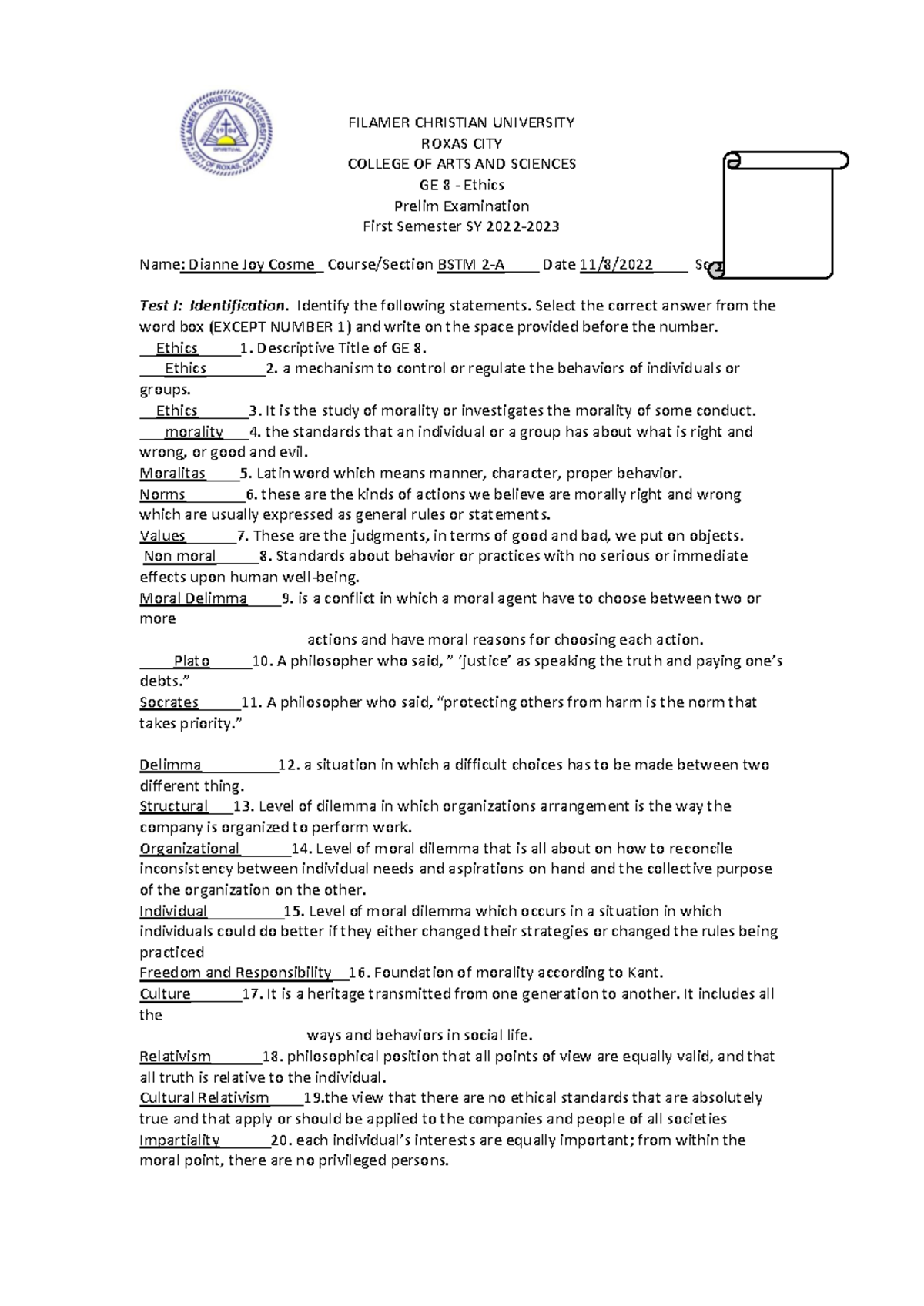 Ethics Prelim Exam - None - FILAMER CHRISTIAN UNIVERSITY ROXAS CITY ...