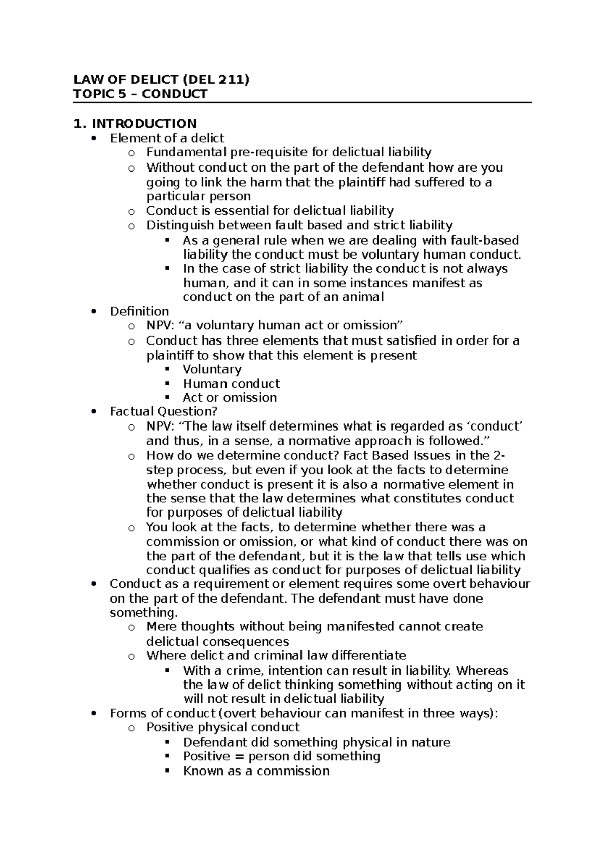 Law of Delict: Topic 5 - DEL 221 - UWC - Studocu